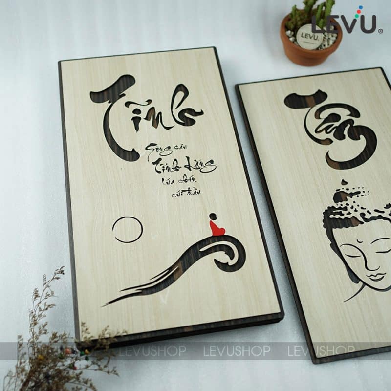 Tranh treo tường gỗ thư pháp chữ Tĩnh "sông sâu tĩnh lặng lúa chín cúi ...