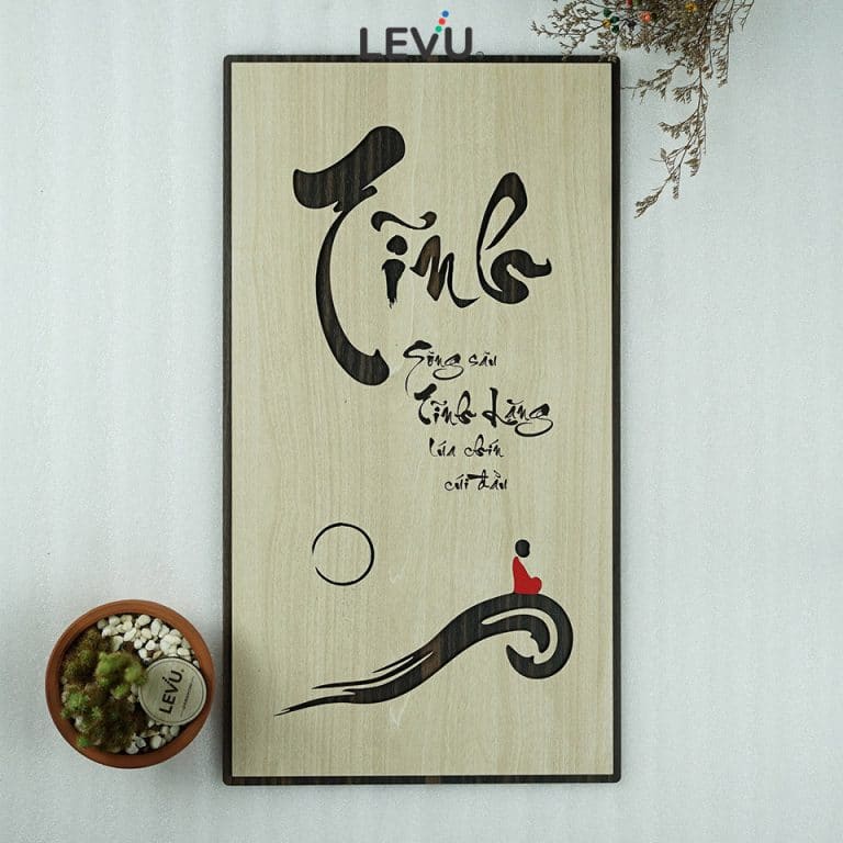 Tranh treo tường gỗ thư pháp chữ Tĩnh "sông sâu tĩnh lặng lúa chín cúi ...