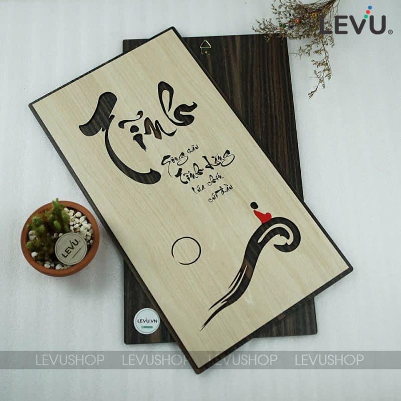 Tranh treo tường gỗ thư pháp chữ Tĩnh "sông sâu tĩnh lặng lúa chín cúi ...